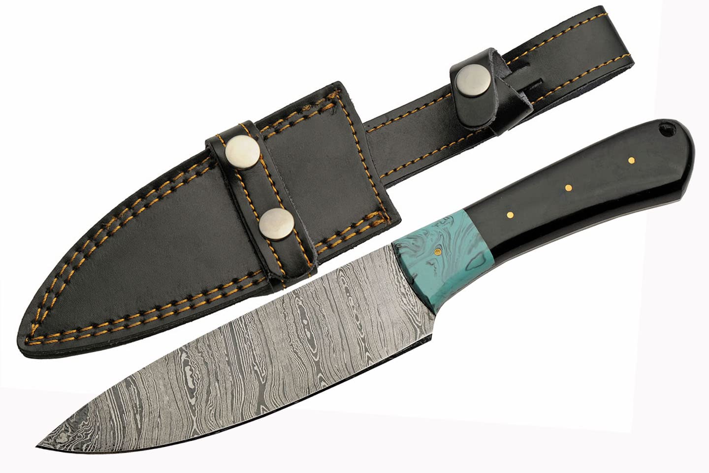 SZCO Supplies 10.75β Horn And Resin Handle Damascus Steel Outdoor Hunting Knife With Leather Sheath