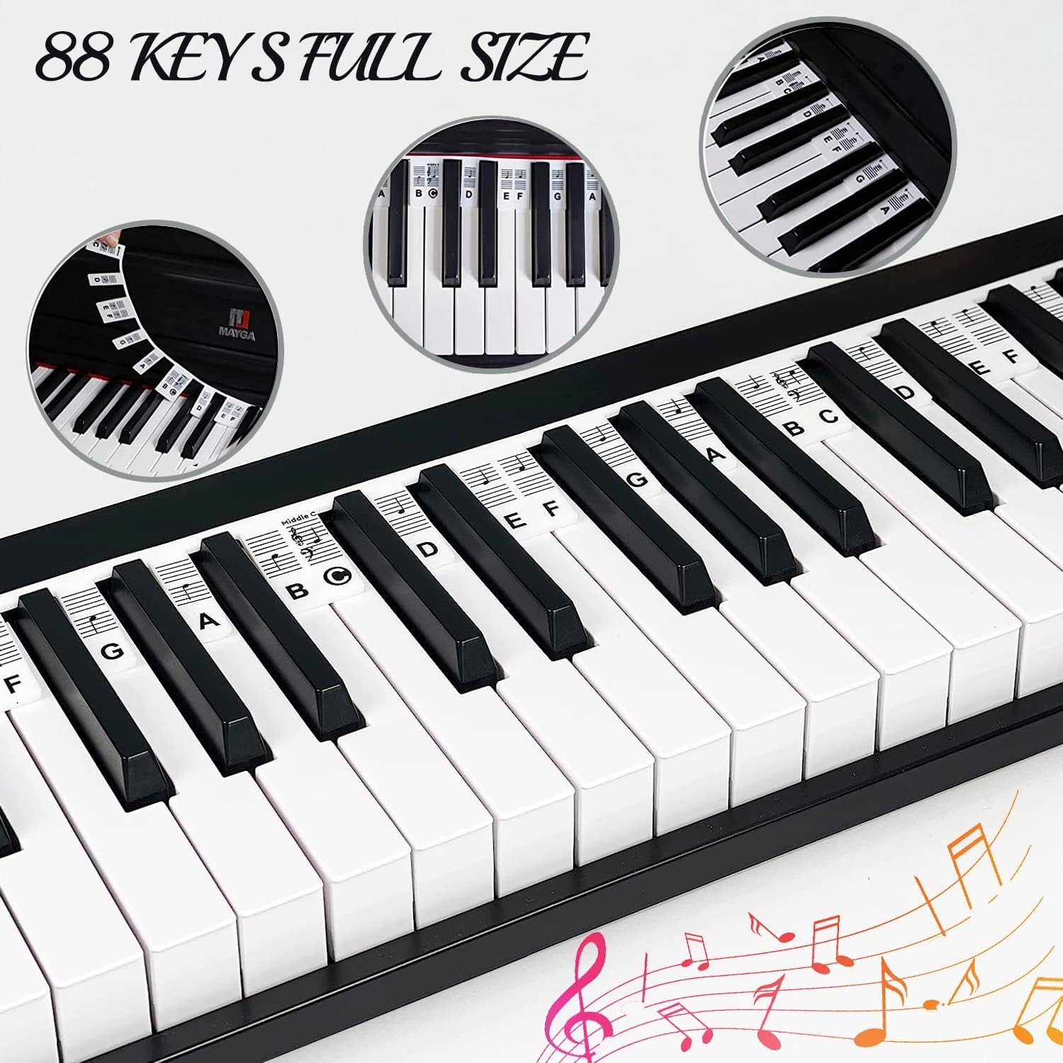 Removable Piano Keyboard Note Labels - Piano Notes Guide for Beginner 88-Key Full Size - Made of Silicone Reusable No Need Stickers and Comes with Box (Black)