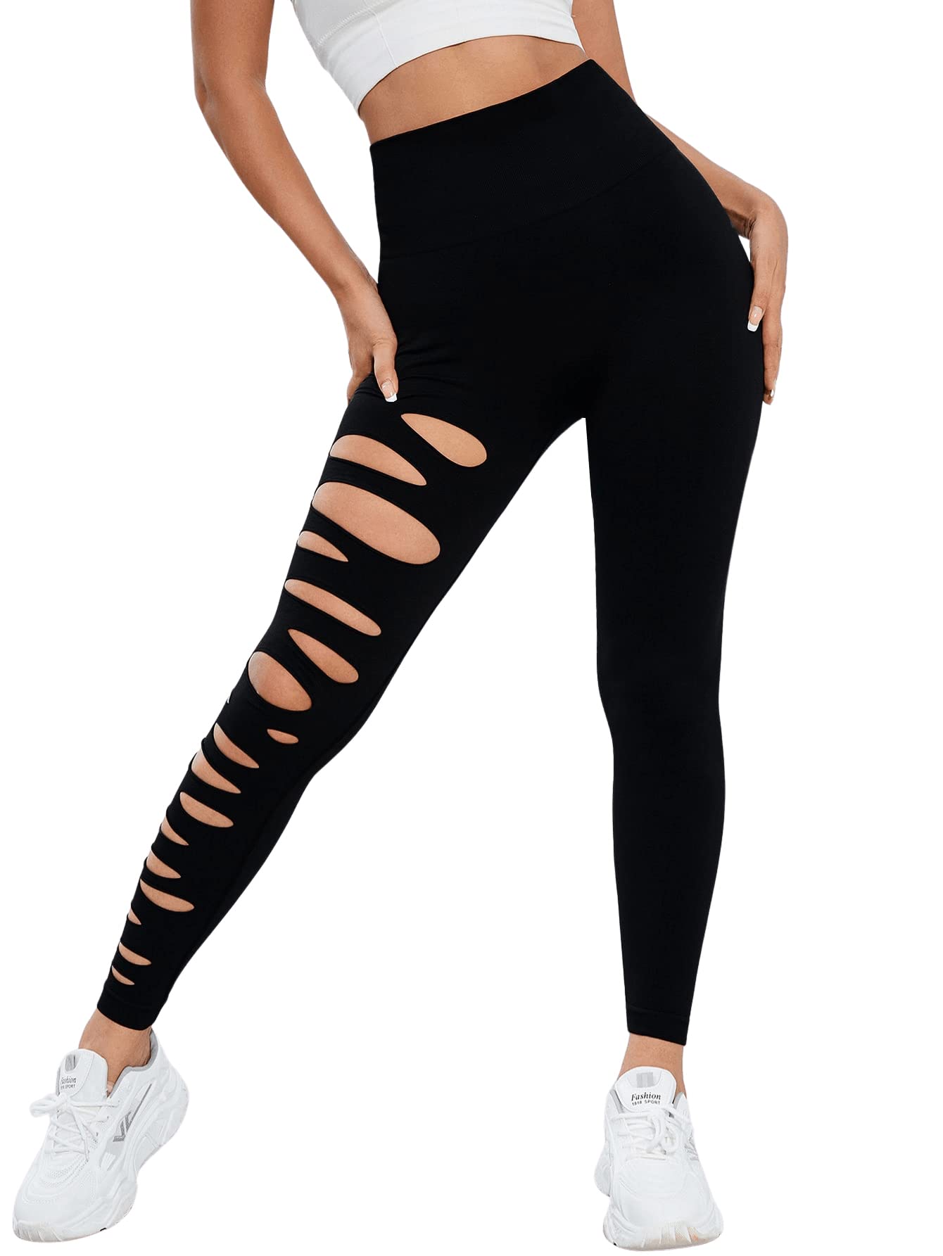 SweatyRocks Women's Legging Mesh Insert Ripped Tights Yoga Slim Pants Black Cutout S