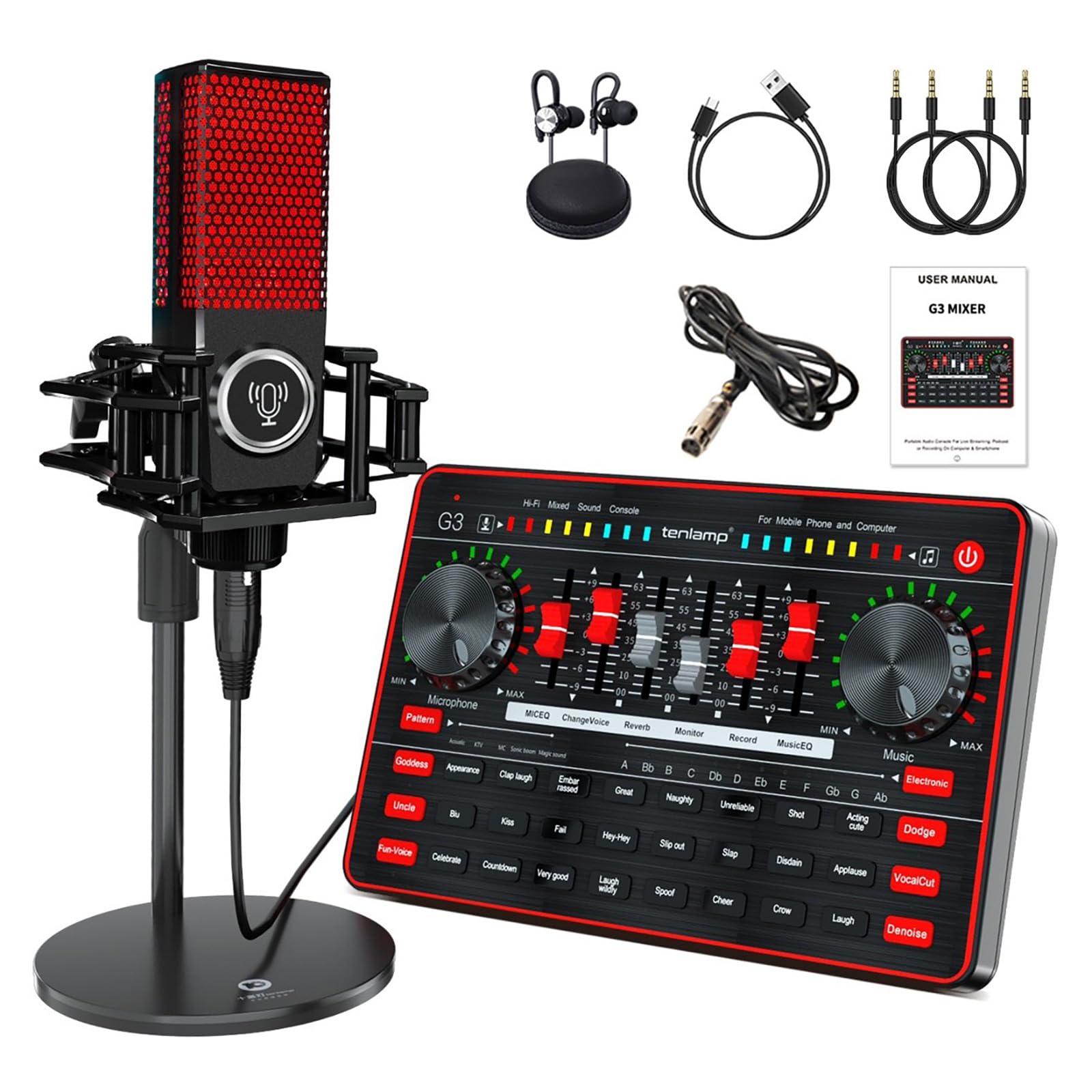 Podcast Microphone Sound Card Kit,Professional Studio Condenser Mic&G3 Live Sound Mixer/Voice Changer/Audio Interface for Streaming Recording/Singing/Tiktok/YouTube/PC
