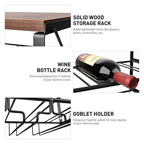 OOir onOO Wall Mounted Wine Rack - Wood Rustic Wine Bottle Glass Floating Shelves Holds with Stemware Rack, 8 x Glasses and 11 xWine Bottles for Kitchen,Dining Room,Bar,15 Inch(Black)