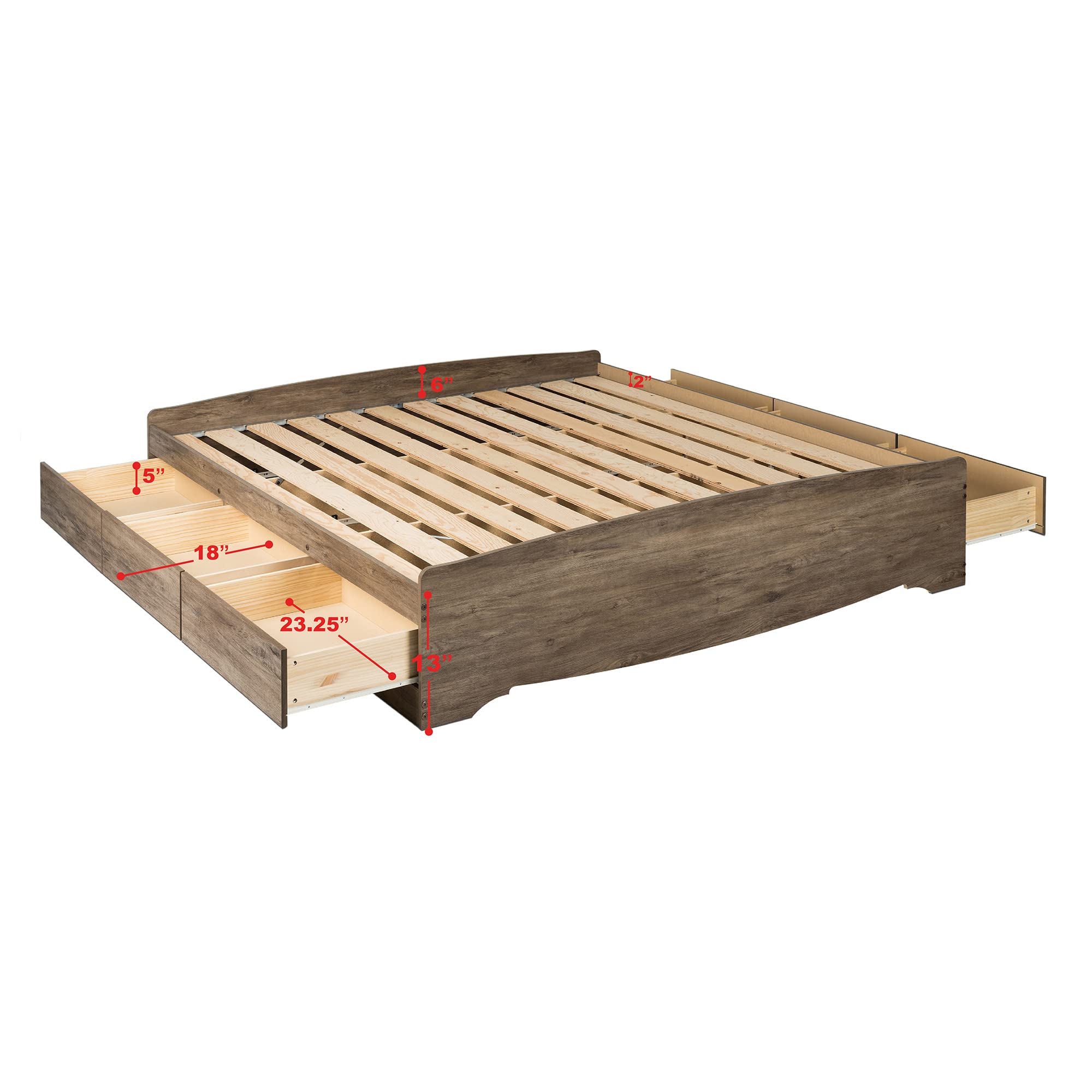 Prepac Mate's King 6-Drawer Minimalist Platform Storage Bed, Contemporary King Bed with Drawers 81.5" D x 78.5" W x 18.75" H, Drifted Gray, DBK-8400-K