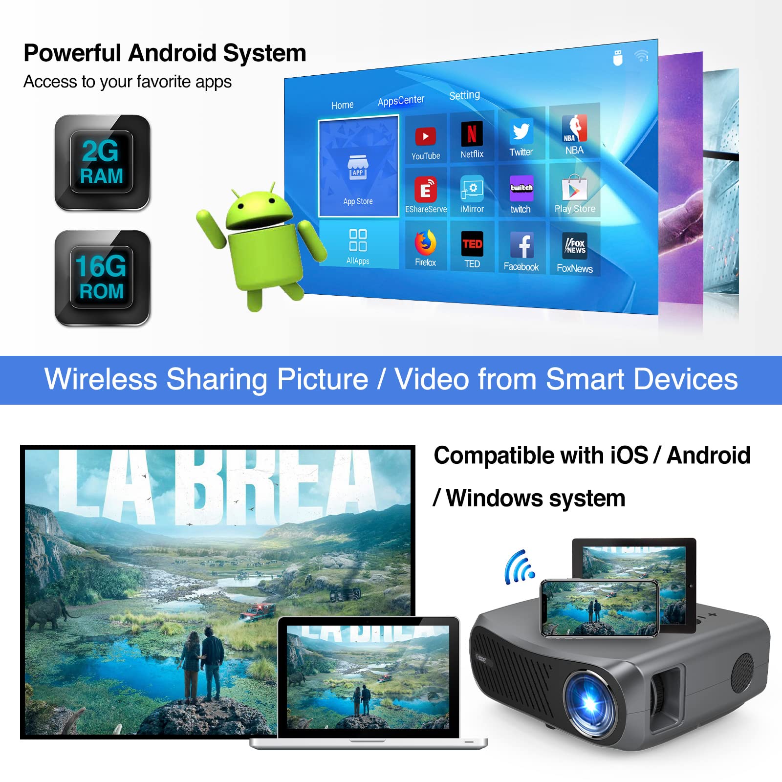 Native 1080P 5G WiFi Bluetooth Projector,10000LM Full HD Movie Projector Android OS, 200" Display Outdoor Movie Projector Support 4k Home Theater Wireless Mirroring for Smartphone/PC/TV Stick/HDMI/USB