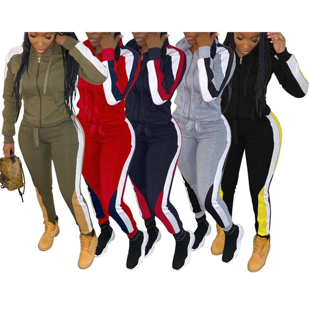 Remxi Womens Two Piece Striped Panel Long Sleeve Zip Hoodie + Skinny Jogger Tracksuit Blue 3XL