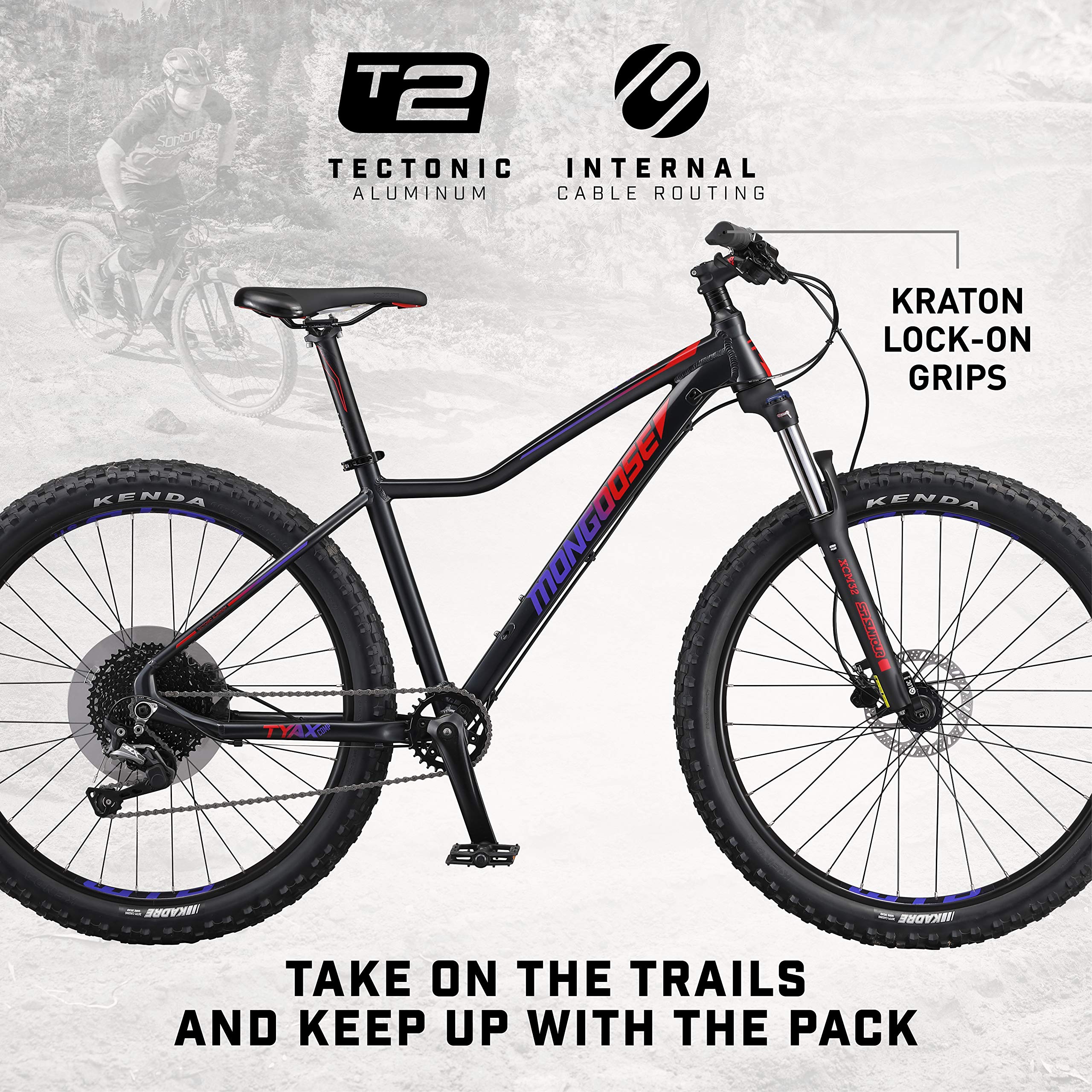 Mongoose Tyax Comp Adult Mountain Bike, 27.5-Inch Wheels, Tectonic T2 Aluminum Frame, Rigid Hardtail, Hydraulic Disc Brakes, Womens Medium Frame, Black