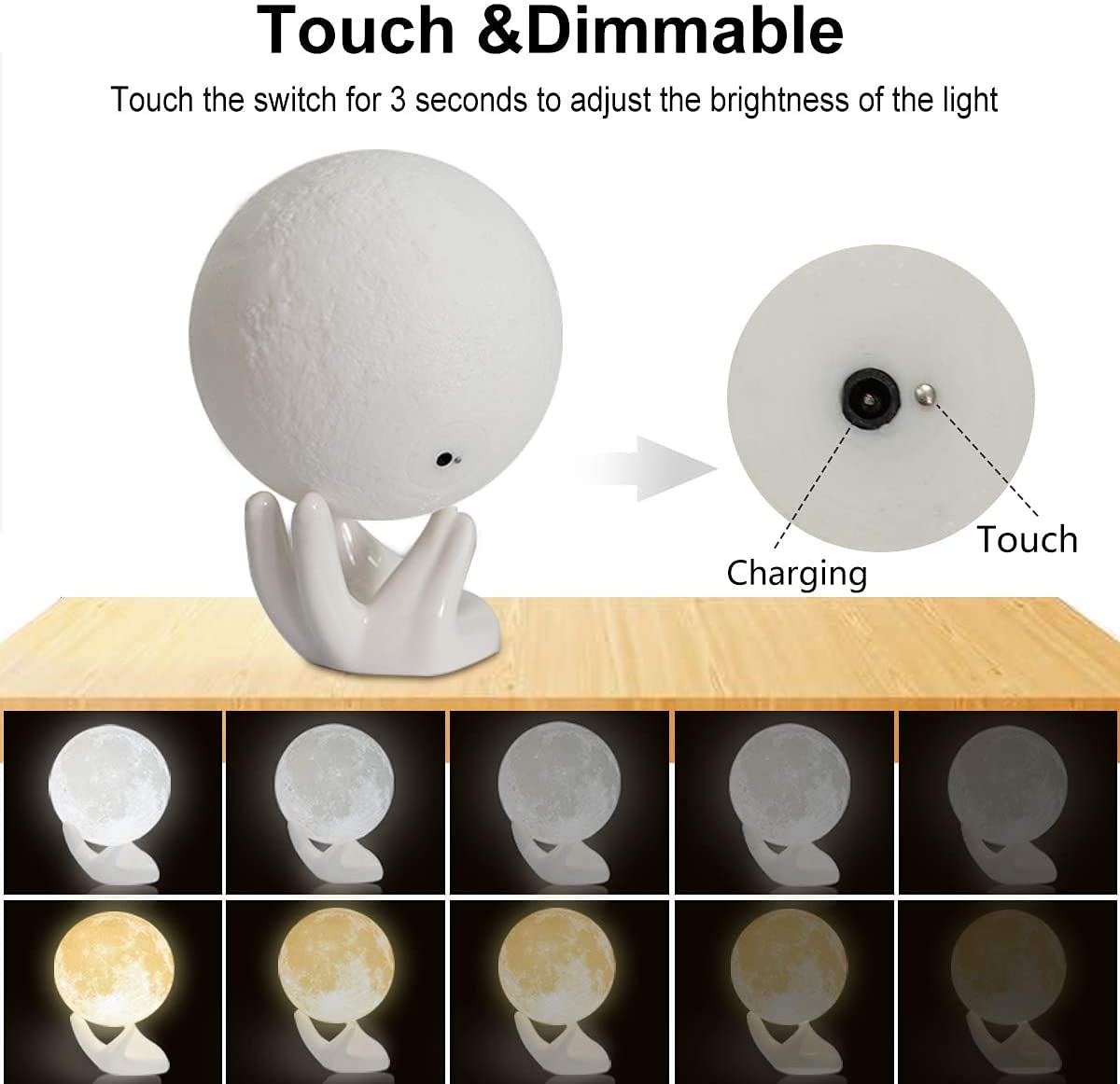 Mydethun 3D Moon Lamp with Ceramic Base, Mothers Day Gift, LED Night Light, Mood Lighting with Touch Control Brightness for Women,Home Décor, Bedroom, Kids Birthday, 3.5 Inch - White & Yellow