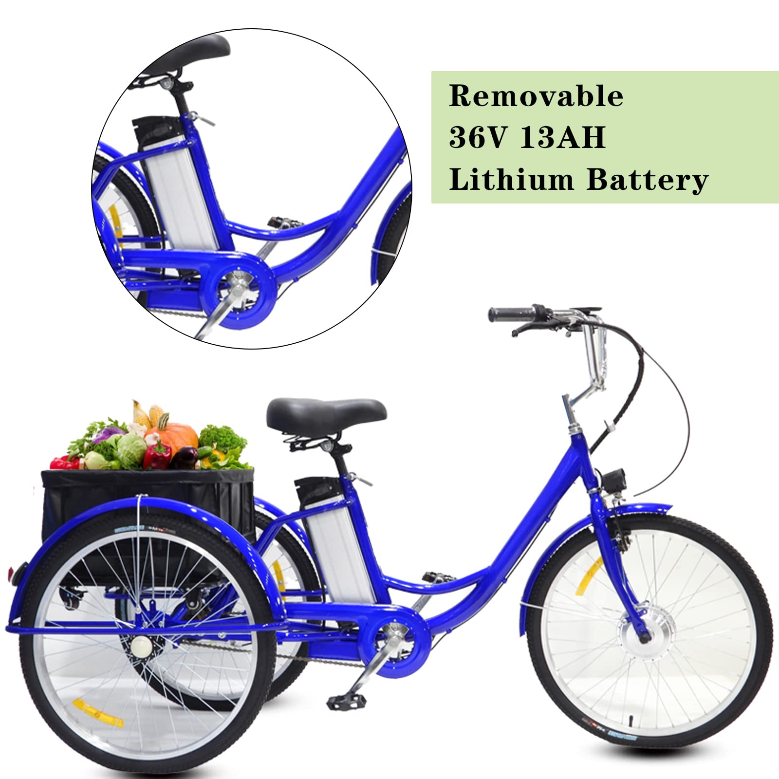 TMIAD 3 Wheel Electric Bicycle 24" Tricycle for Adults with 350w Motor and 36V 12Ah Removable Lithium Battery, Low Step-Through Aluminum Frame, Cargo Basket (Blue 2)