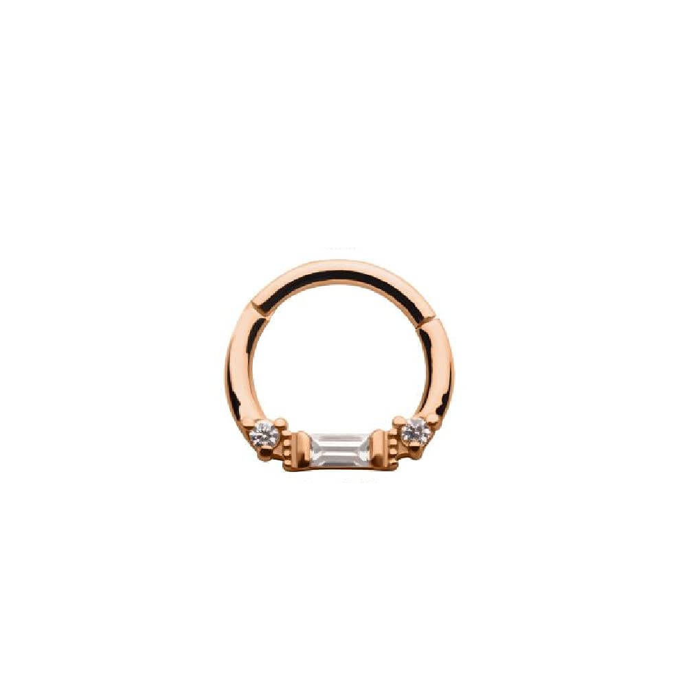 Pierced Owl 16GA Baguette and Round Crystals Front Facing 316L Surgical Stainless Steel Septum Cartilage Helix Daith Hinged Segment Clicker Ring (Rose Gold Tone/Clear)