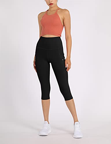 ODODOS Women's High Waisted 19" Inseam Dual Pockets Workout Capris, Yoga Running Gym Athletic Capris Leggings, Black2Pack, X-Large