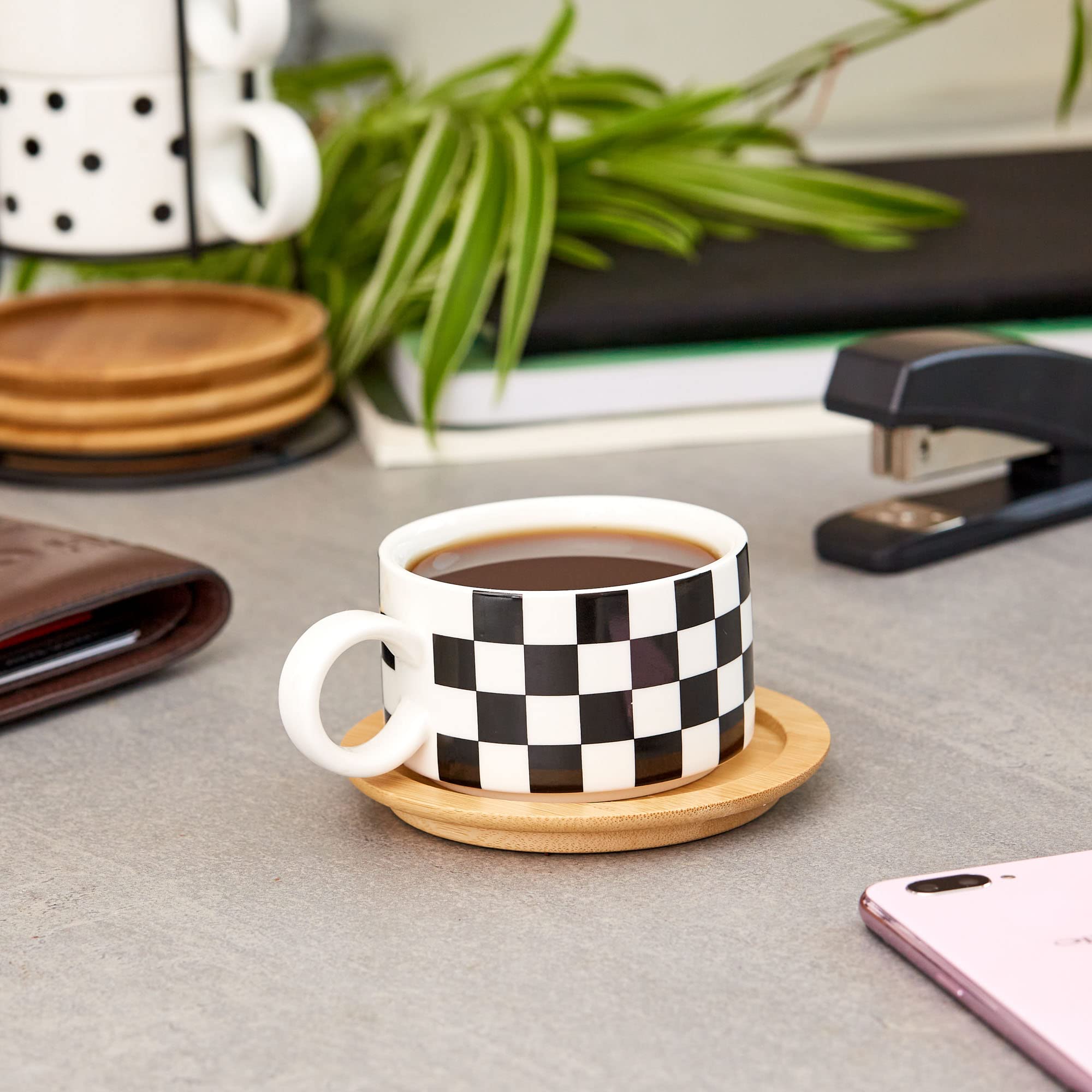 SUPERLY Stackable Espresso Cups Set of 4 - Espresso Mugs with Wooden Saucers, Metal Stand - Durable Porcelain Espresso Cup - Easy To Clean, Dishwasher-Safe - Modern Coffee, Latte, Tea Mug Set - 6 Oz