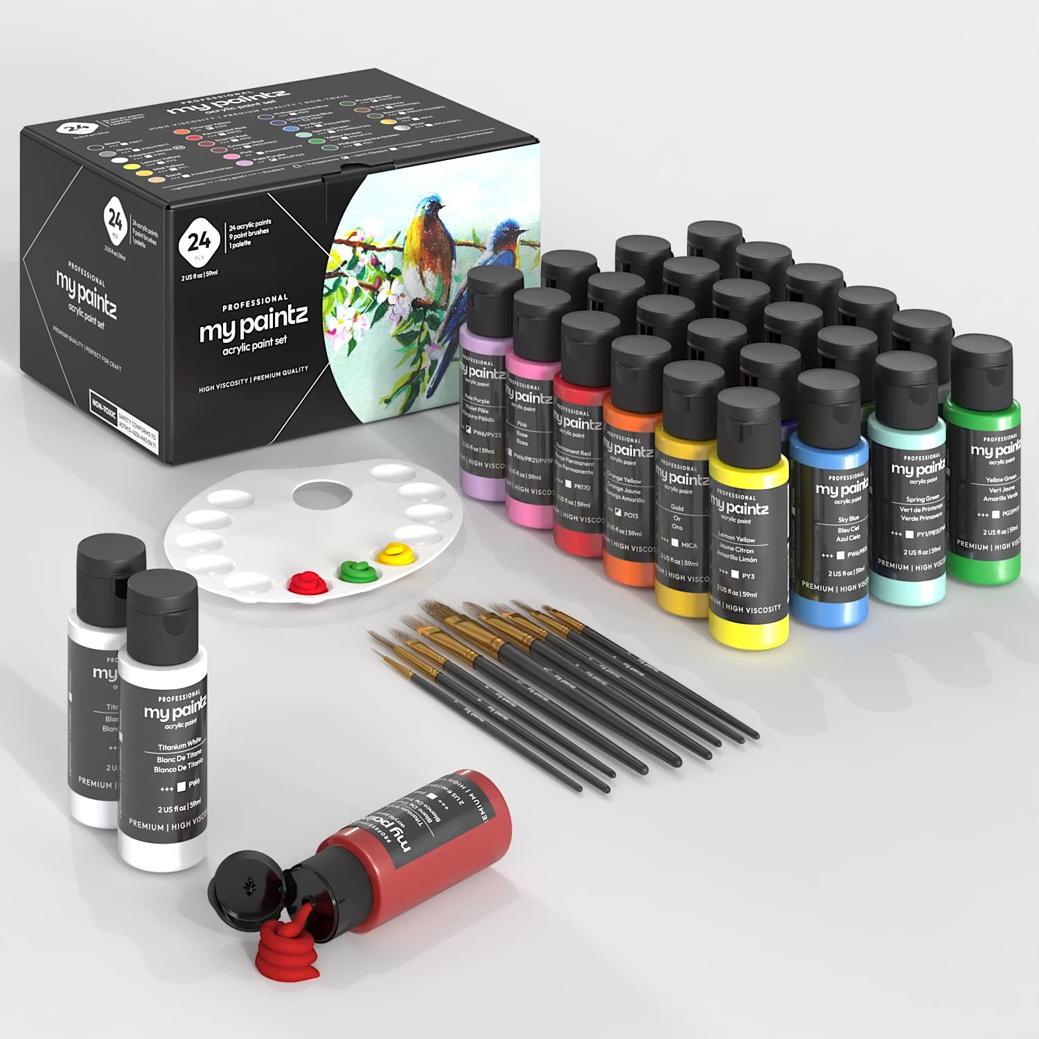 mypaintz Heavy Body Acrylic Paint Set - 24 Colors with 9 Brushes and Pallet - Professional Acrylic Paint Kit (2oz/59ml) - Art Paint - 2 Whites - Thick Paint