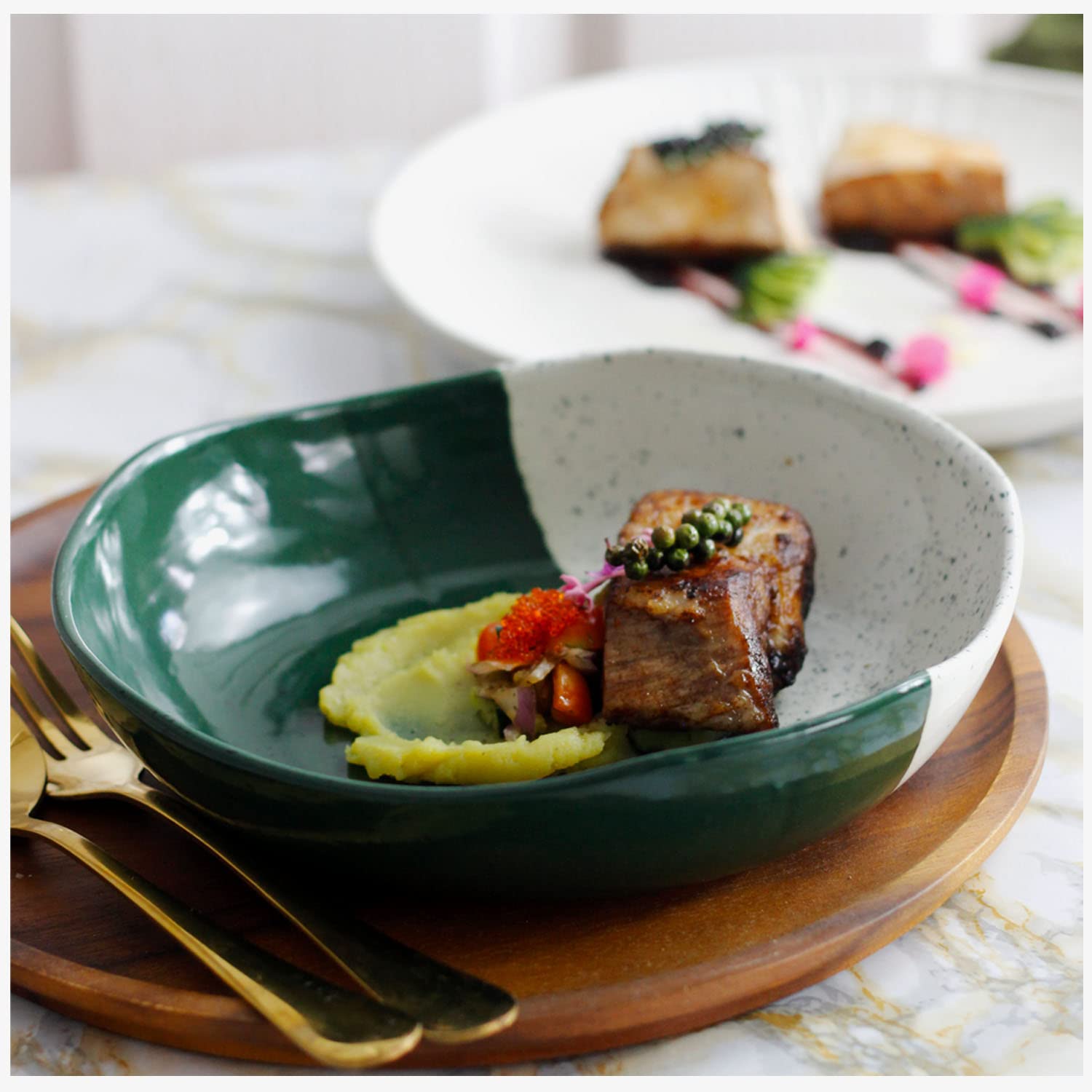 roro Handmade Ceramic Stoneware Divided Bowls - Green & Ivory White Speckled - Set of 2-7.5 Inches - Artistic Tableware for Dining - Lead-Free, Cadmium-Free