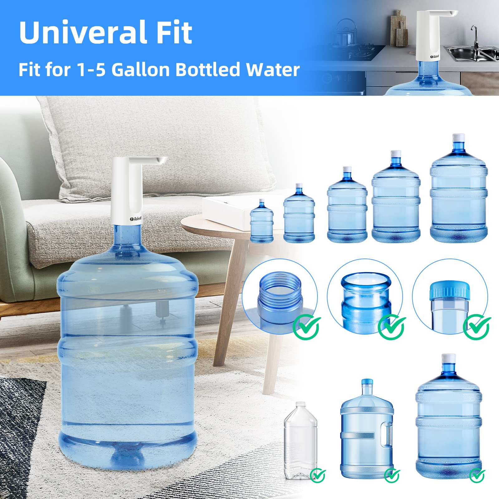 Tulevik Water Bottle Dispenser 5 Gallon, Foldable Water Pump, Automatic Water Pump Universal 2-5 Gallon Bottle, Portable Water Dispenser Pump for Camping Kitchen (White)