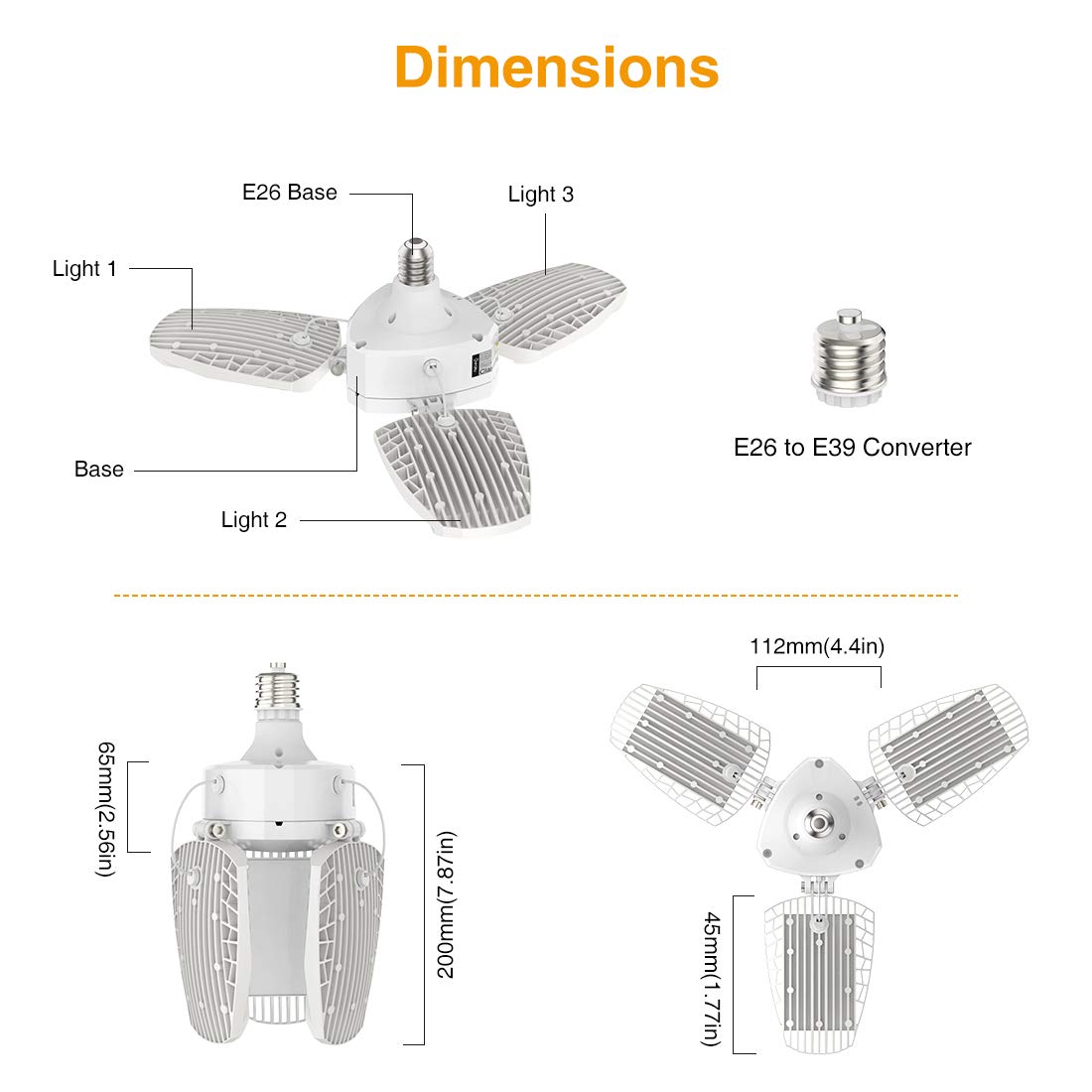 Onforu 100W LED Garage Light, 11000LM Deformable Led Garage Ceiling Lights, E26 Screw in Triple LED Light for Garage with Three Leaf, 5000K Daylight, for Basement, Workshop, Warehouse