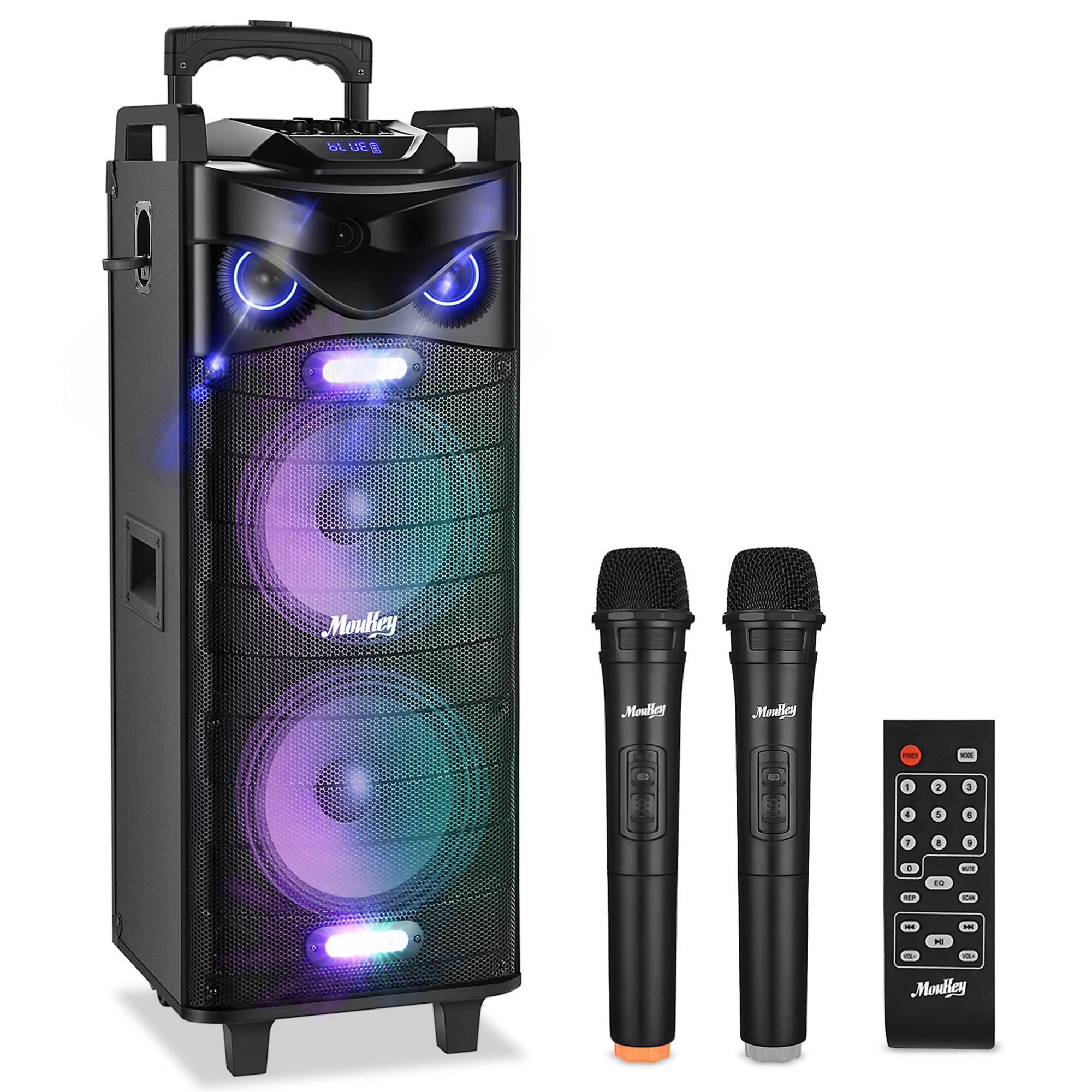 Moukey Karaoke Machine, PA System Double Woofer for Party, Portable Bluetooth Speaker w/ 2 Wireless Microphone, Disco Lights and Echo/Treble/Bass Adjustment, Support TWS/REC/AUX/MP3/USB/TF/FM