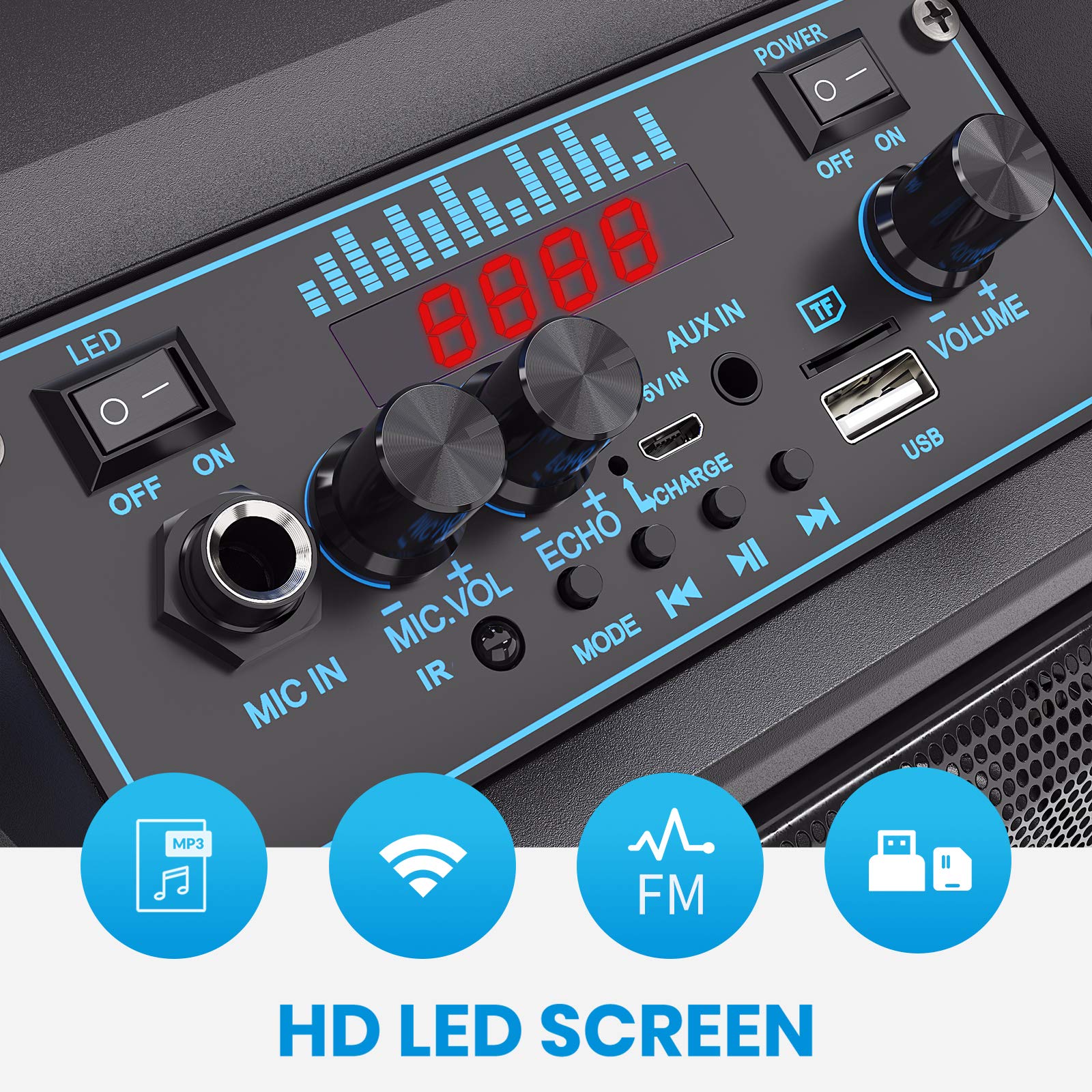 Moukey Karaoke Machine Speaker with Microphone - Bluetooth Portable PA Stereo System with 6.5'' Speaker, Wireless Mic, DJ Lights, FM Radio, Remote Control, Rechargeable, Supports TF Card/USB - MPS1