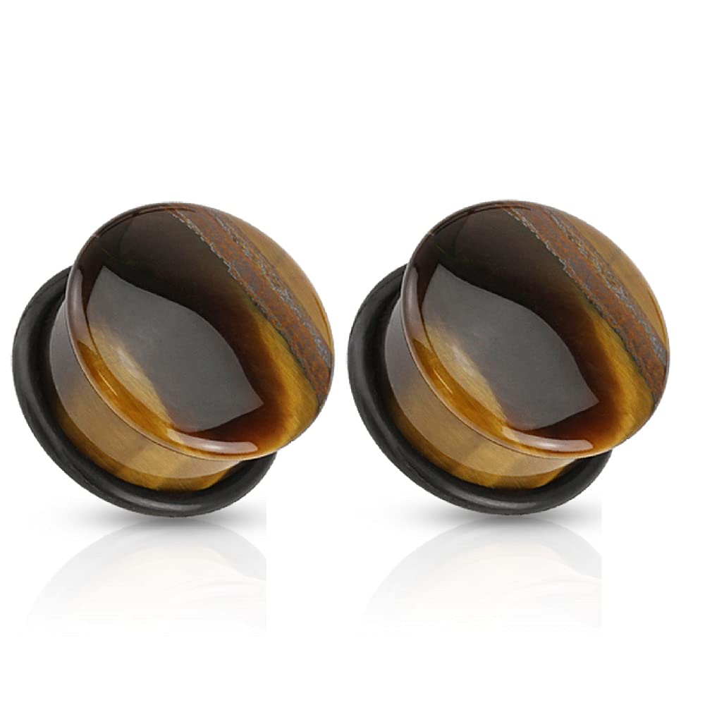Pierced Owl Semi Precious Tiger Eye Domed Single Flare Plugs with O-Ring, Sold as a Pair (6mm (2GA))