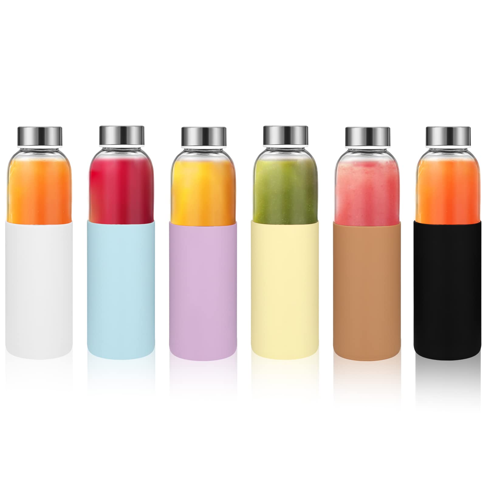 Sursip 18 oz Glass Water Bottles with Lids, Juice Bottles, Leak Proof Reusable Drinking Glass Juicing Bottles with Stainless Steel Lid and Silicone Sleeves, BPA Free, Set of 6(Small autumn)