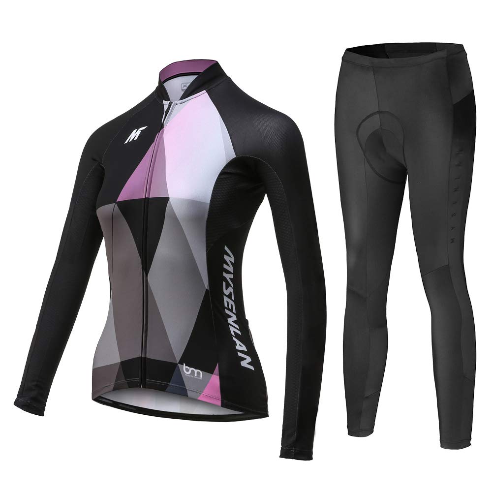 Mysenlan Women's Cycling Long Sleeve Breathable Jersey Set 3D Padded Long Pants Bike Shirt Bicycle Tights Clothing Black