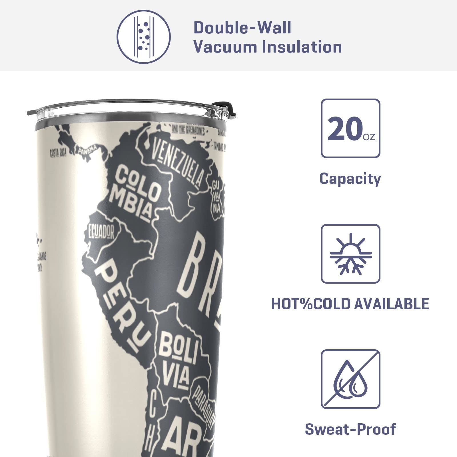 susiyo Map Of Latin America Vacuum Insulated Cup 20 oz Double Wall Stainless Steel Coffee Mug with Lid and 2 Straws