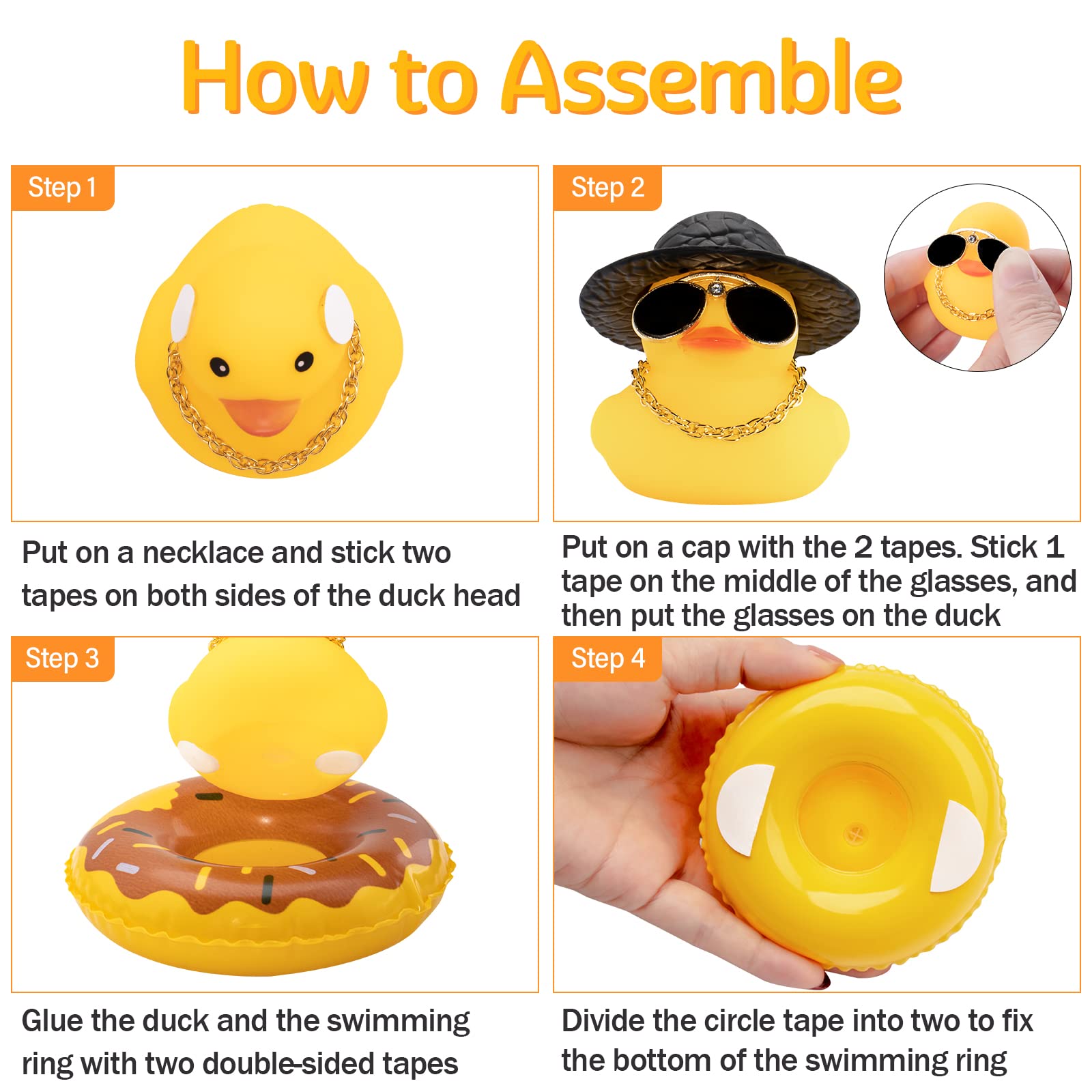 wonuu 3PCS Starw Hat Swim Ring Rubber Ducks with Diamon/Plastic Sunglasses Hat Necklace for Cars Dashboard Decorations Car Accessories Toy Duck Car Ornament, Blue+Black+White