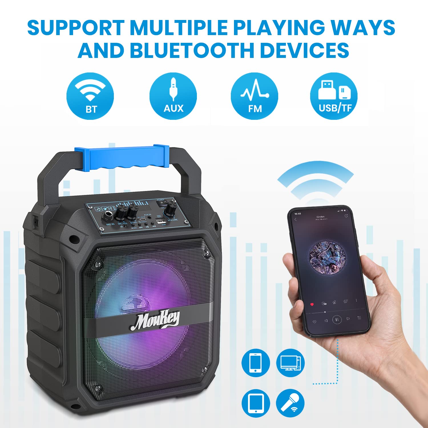 Moukey Portable Karaoke Machine - Bluetooth PA Speaker with Microphone, 6.5'' Stereo Speaker, DJ Lights, FM Radio, Remote Control, Rechargeable, Supports TF Card/USB - MPS2