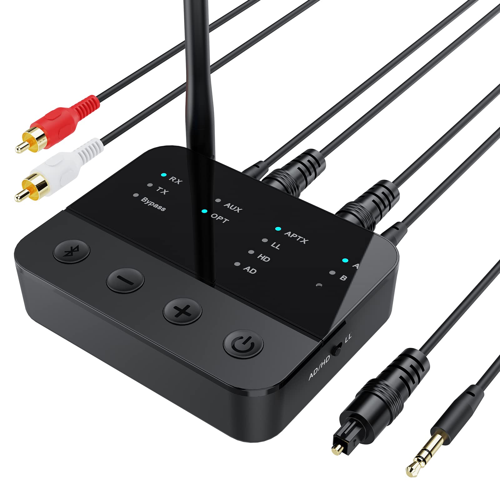 YMOO Bluetooth 5.2 Transmitter Receiver, Low Latency Bluetooth Adapter Optical/RCA/3.5mm Jack Audio Bypass for TV/Home Stereo/Headphones/PC/Speaker, Pair 2 Bluetooth Devices Simultaneously