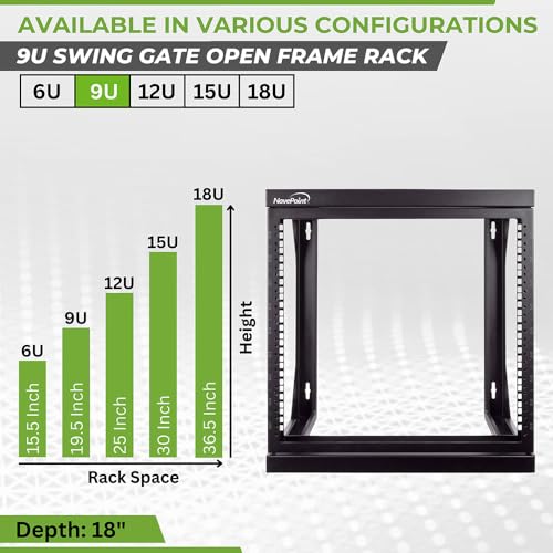 NavePoint 9U Server Rack with Swing Gate - 9U Wall Mount Rack for 19 Inch IT Equipment Open Frame Rack β Network Rack Wall Mount for AV & Server Equipment 18β Deep 9U Rack, Black