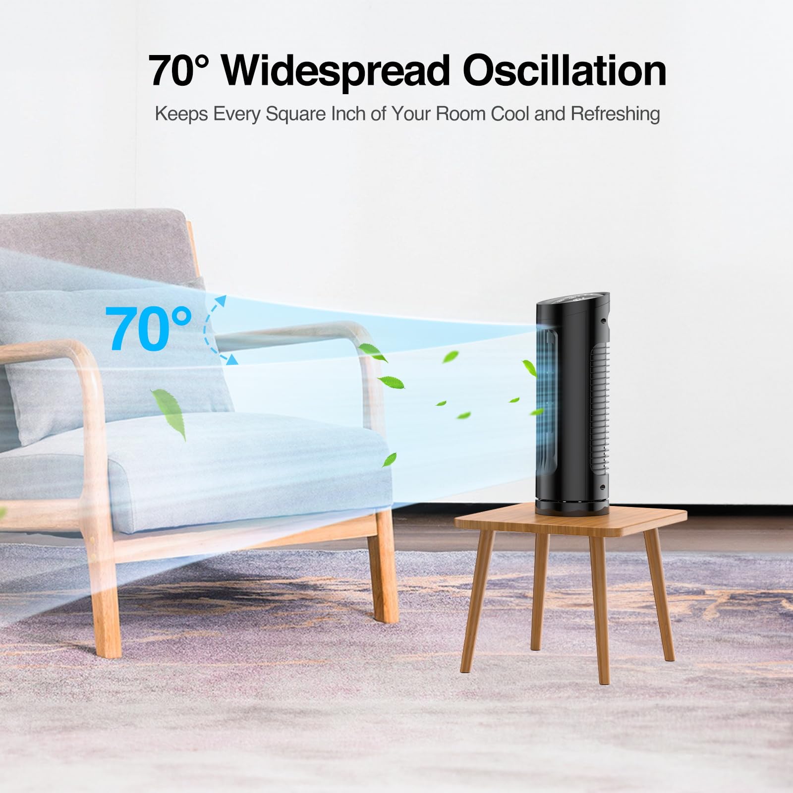 VCK 13-Inch Tower Fan - 70° Oscillation Desk Fan with 3 Speeds, 3 Wind Modes, Safe Bladeless Design, Digital Touch Screen, Remote Control, 1-7H Timer - Quiet Table Fan for Home Office Bedroom