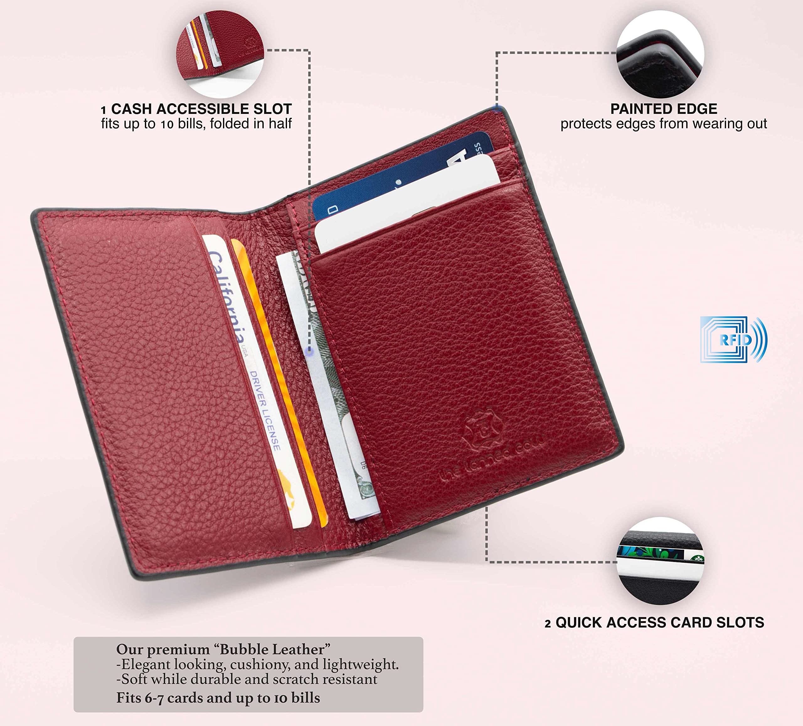 The Tanned Cow- Slim Minimalist Cardholder Wallet for Men Women, Mini Thin Leather Bifold, Compact, Front Pocket Credit Card Holder with RFID Blocking, Gift Box (Bubble leather, Black/Sangria Red)