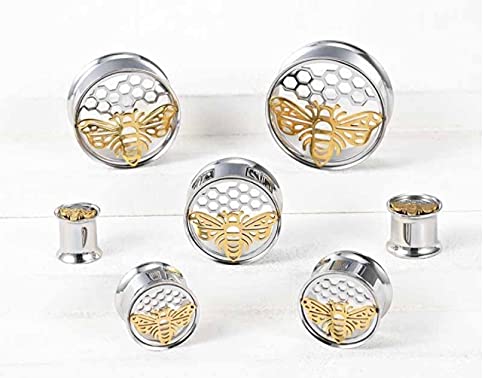 Pierced Republic Honey Bee & Comb Ear Gauges - Pair of Stainless Steel Flared Ear Plugs - 8 Size Options (00 Gauge (10mm))