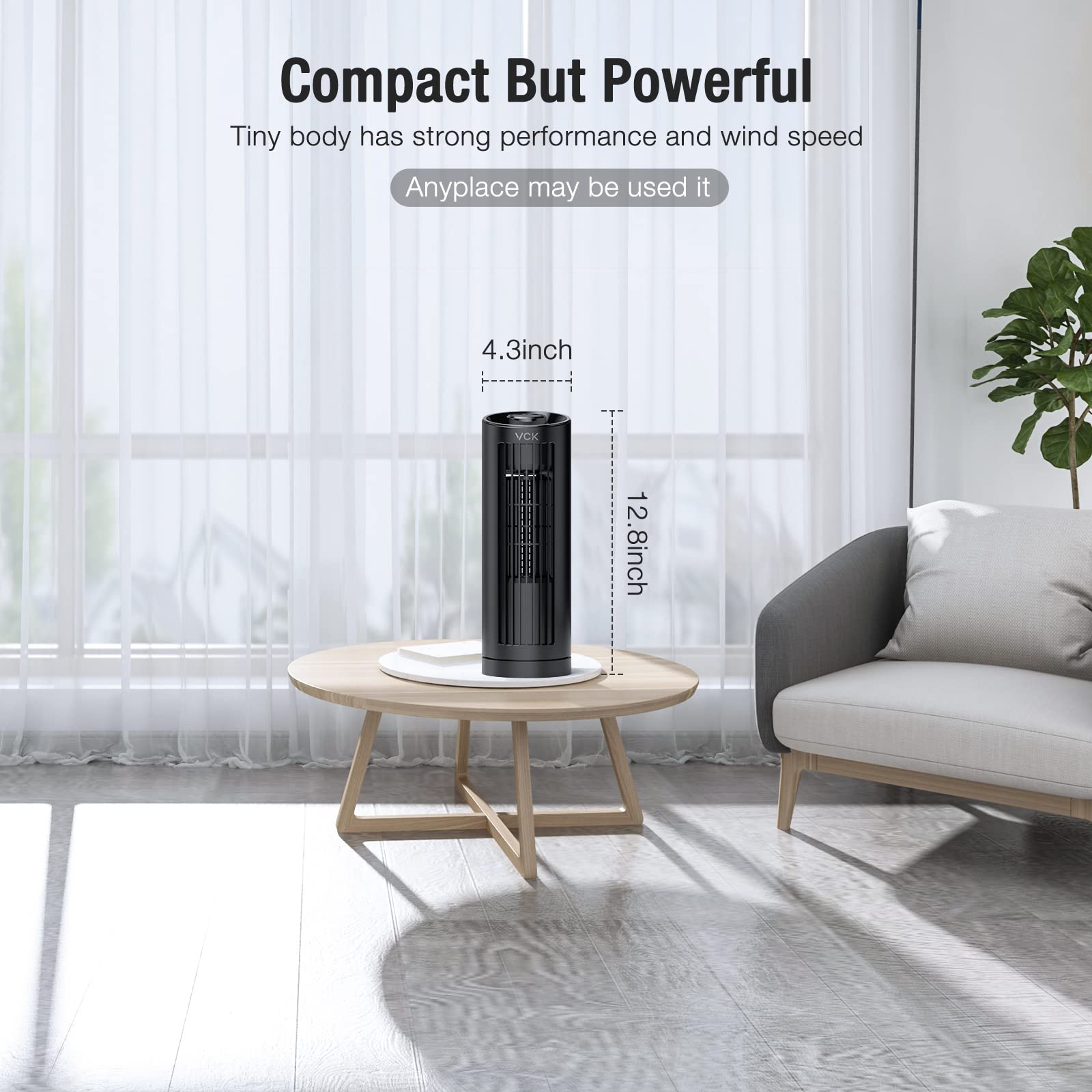 VCK 80° Oscillating Fan, 13'' Tower Fan Bladeless Desk Fan with 3 Speeds, Quiet Operation, Compact & Portable Table Fan for Bedroom Home Office Desktop
