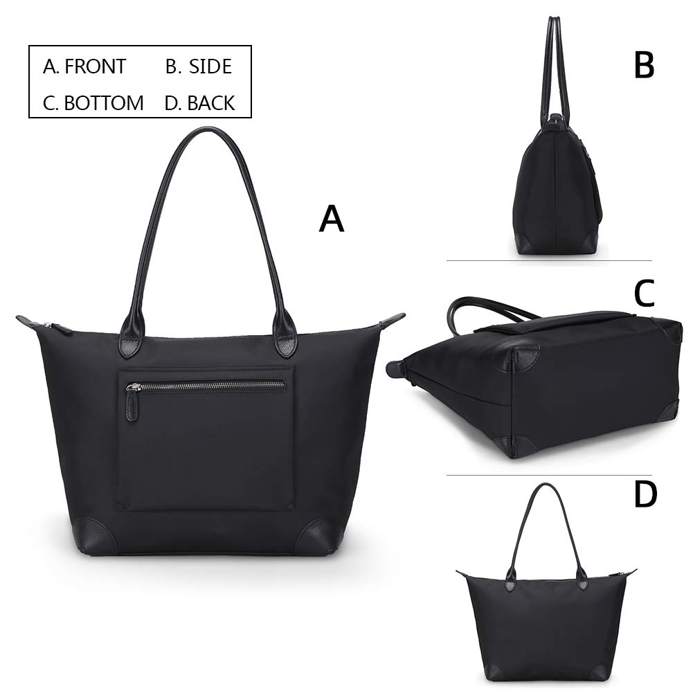 Small Leather Bifold Wallet For Women Black+Large Lightweight Nylon Tote Bag for Women Black