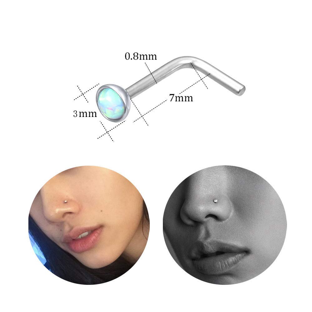 Piercingpops 12PCS 20g Tiny CZ Opal Nose Bone/L Shaped/Nose Screws Stud Stainless Steel Nose Ring Set Body Jewelry Piercing (12PCS - 3mm Opal & CZ(L Shaped Style))