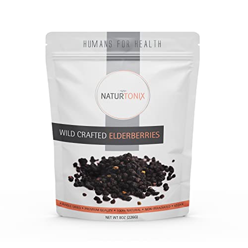 Naturtonix Whole Dried Elderberries, All Natural Immune Booster, Vegan, Gluten Free & Non-GMO, Vitamin C, Sambucus Nigra, For Making Tea, Syrup, Jam & Gummies 8 Ounce Pouch