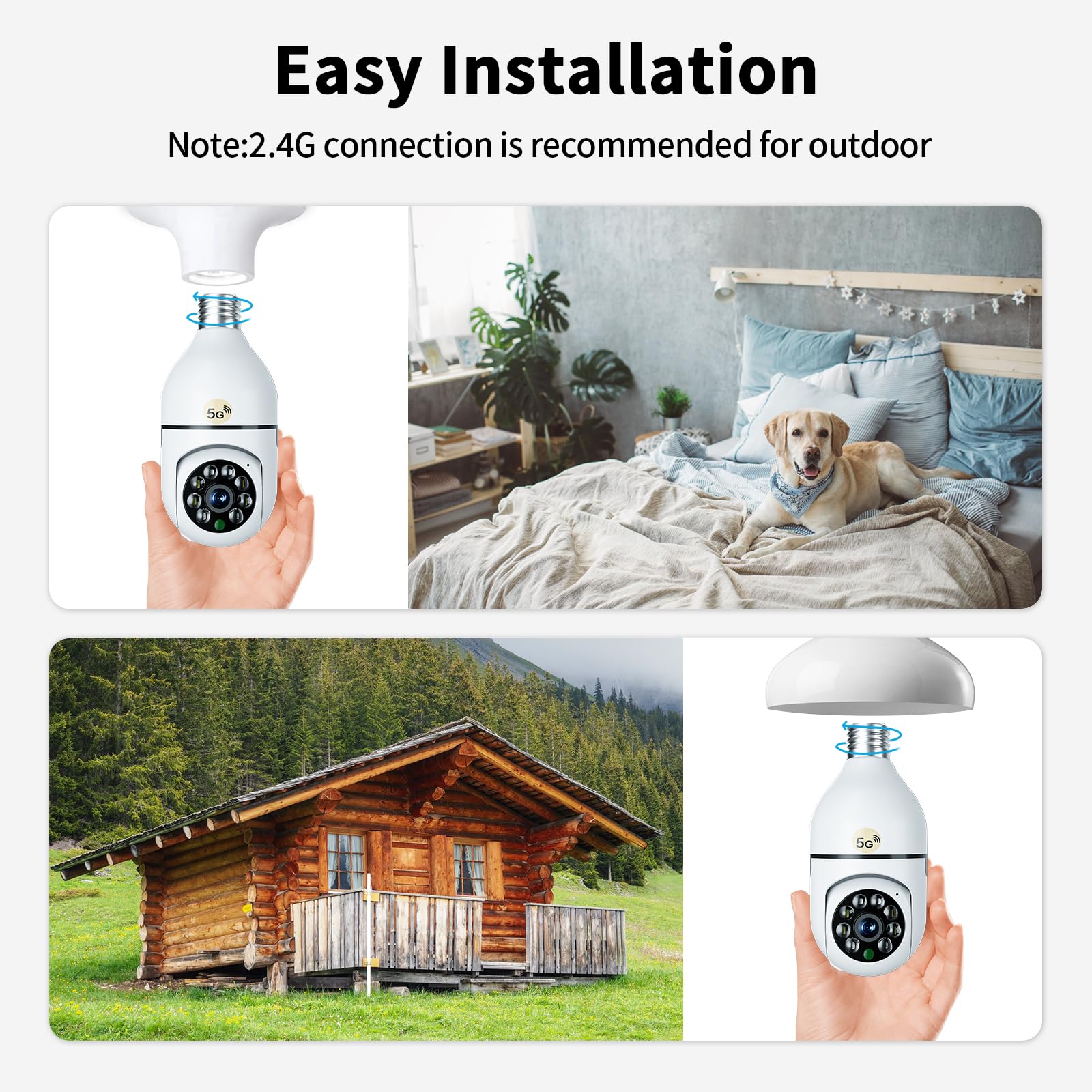 OJR 2K HD Light Bulb Security Camera, 5G/2.4G WiFi PTZ Camera Wireless Outdoor, Motion Detection and Alarm, Full Color Night Vision, Two-Way Audio, Easy Installation