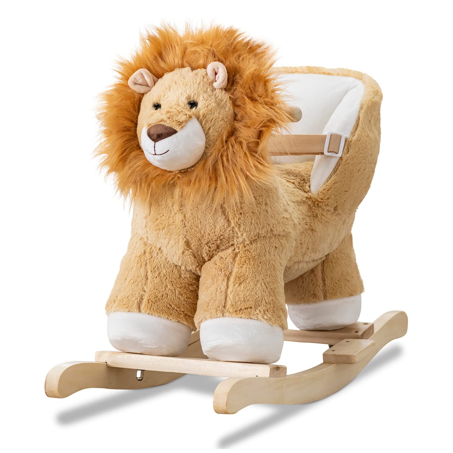 ROARY RIDE-ON CHAIR ROCKING HORSE LION by JOON, Great for Toddler Development, Very Soft Fabric, Safe Rocker with Sturdy Wood Handles & Base, Boost Imagination & Creativity with Lullaby Sounds, Tan