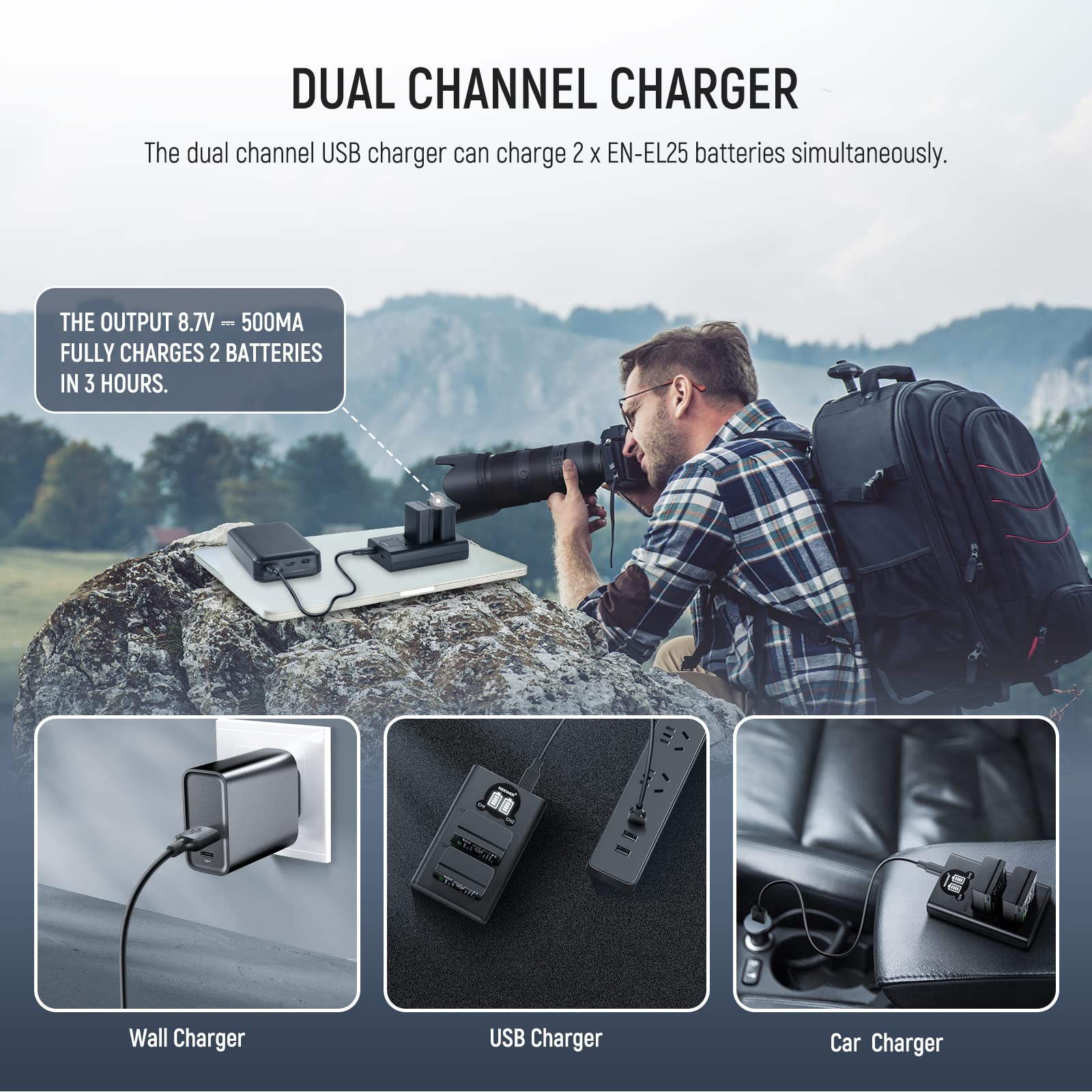 NEEWER EN-EL25 Replacement Battery and USB Charger Set, 2 Pack 1350mah Batteries and Dual Channel Type C USB Charger, Compatible with Nikon Z30 Z50 ZFC Camera 4241 EN-EL25 Battery MH-32 Charger