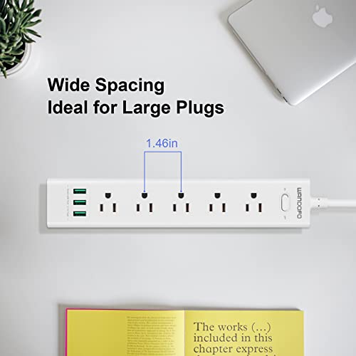 WANDOFO 2 Prong Power Strip, 10FT Long Extension Cord Surge Protector, 5 Outlets and 3 USB, 13A/1625W, Polarized Two Prong to Three Prong Outlet Adapter Converter, Wall Mount, White