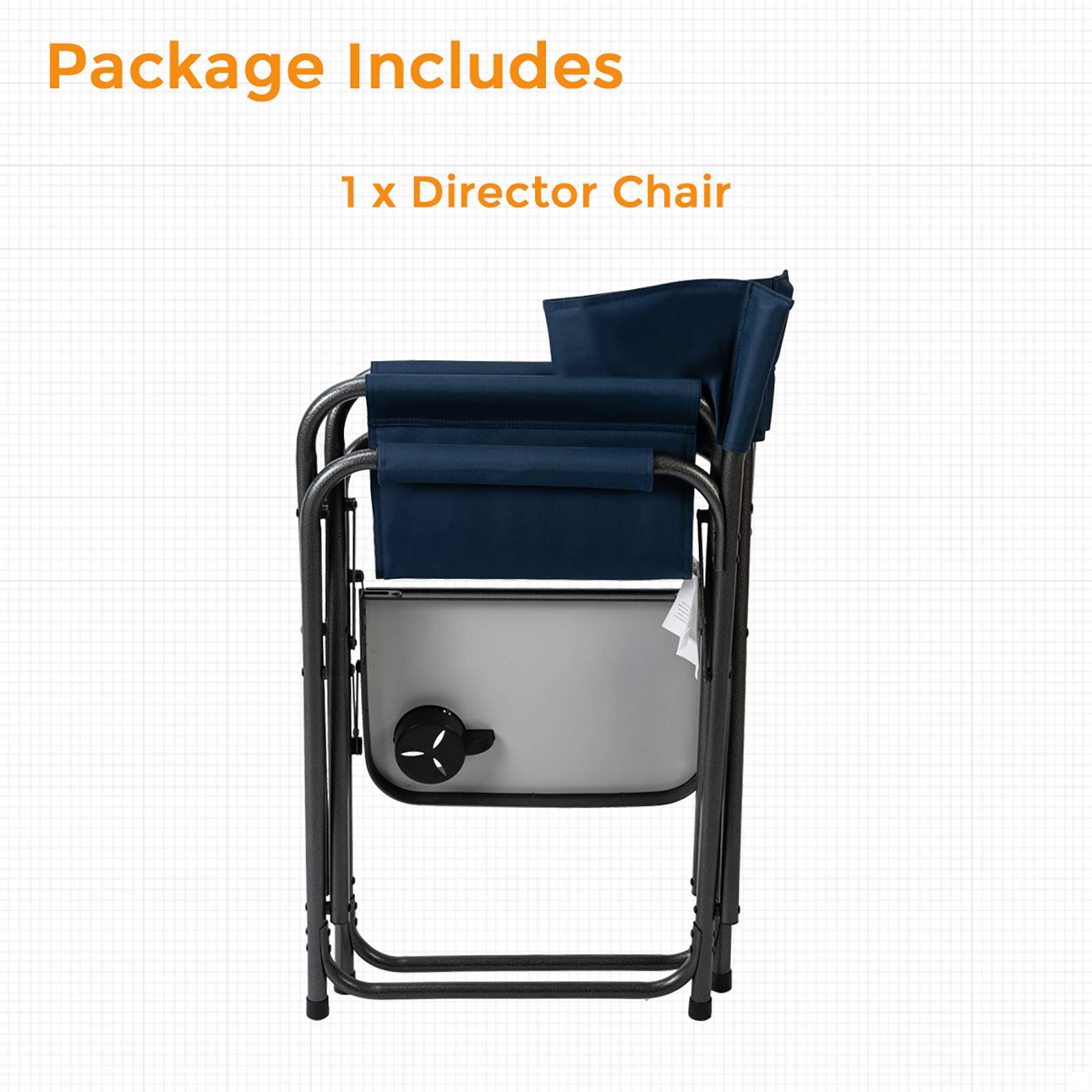 Pacific Pass Directors Camp Chair w/ Built-In Side Table and Cup Holder, Collapsible - Alloy Steel, Navy