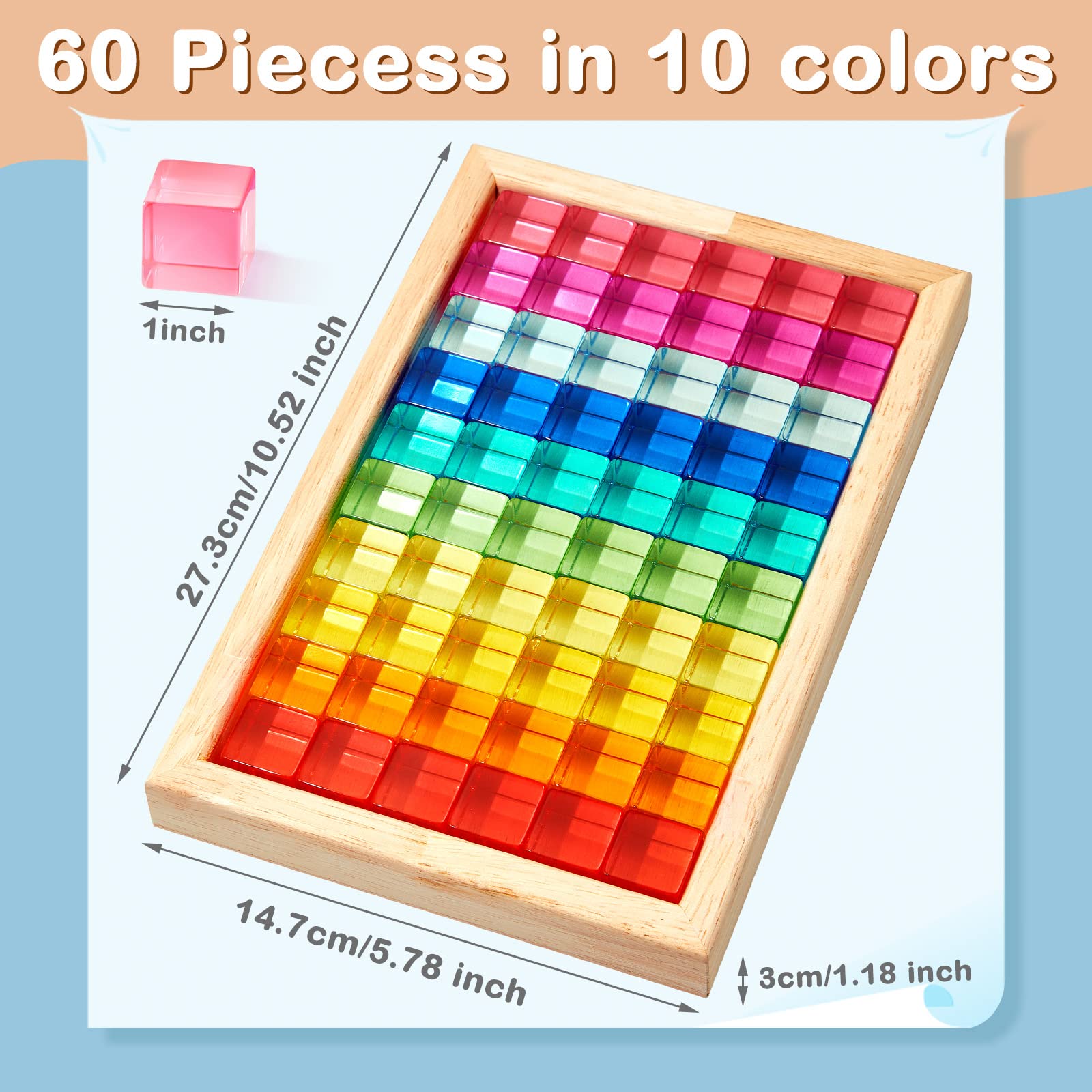 Wood Rainbow Building Blocks Set 60 Pcs Rainbow Acrylic Gem Cubes Blocks 32 Pcs X Shaped Wood Building Blocks Preschool Colorful Learning Educational Rainbow Stacking Toy for toddlers with Storage Box