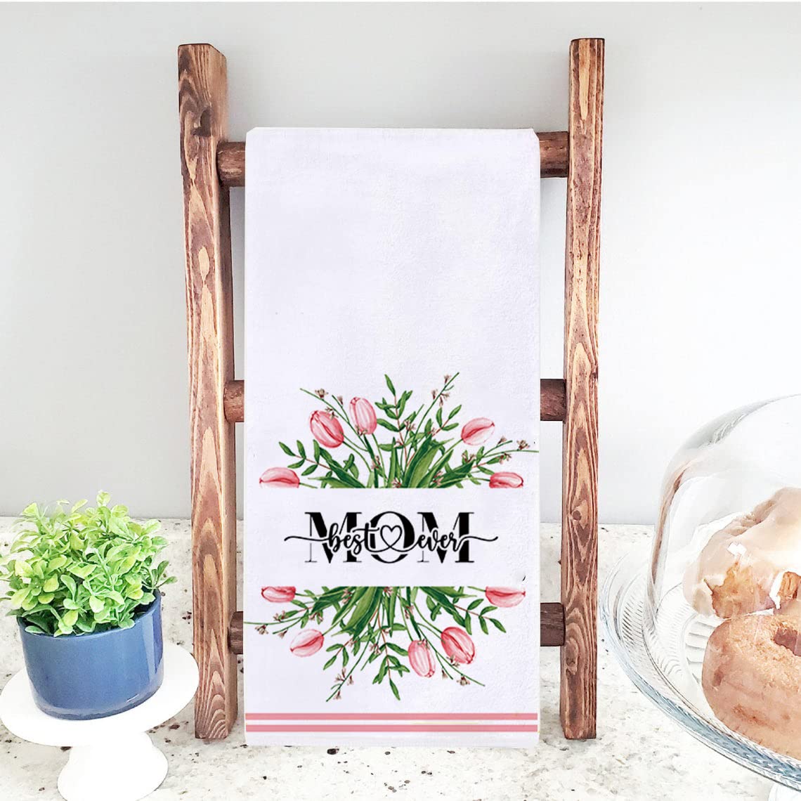 Secarond Blssed Mom Tulip Mason Jar Kitchen Dish Towel 18 x 28 Inch Set of 2, Happy Mother's Day Spring Summer Floral Tea Towels Gift Dish Cloth for Cooking Baking