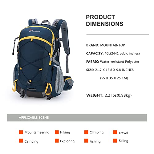 MOUNTAINTOP 40L Hiking Backpack with 3L Hydration Bladder for Men & Women Camping Climbing,Blue and Yellow