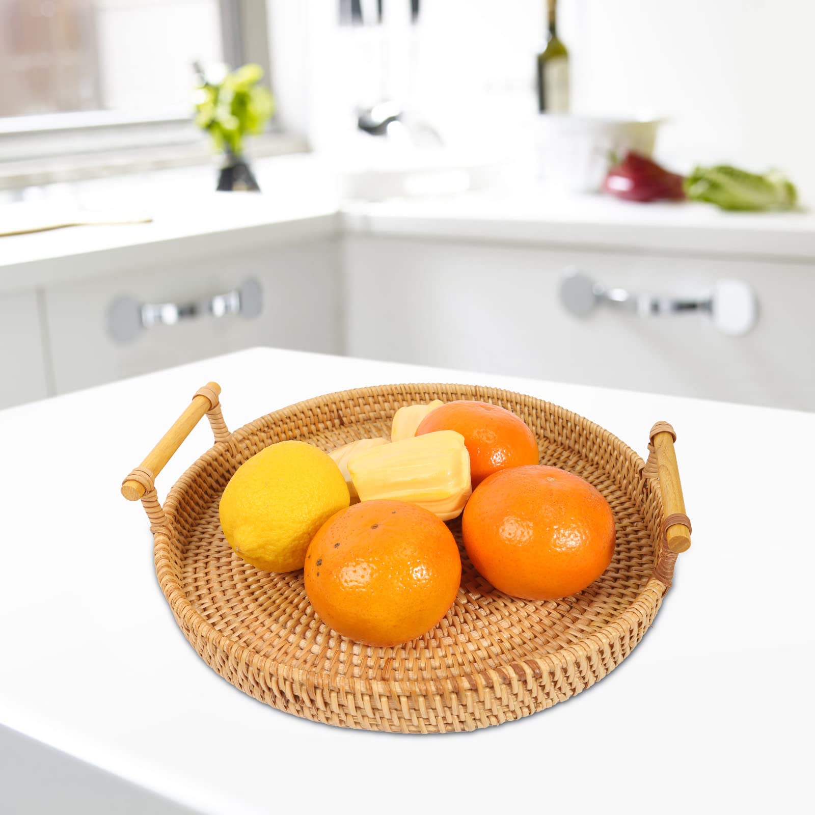 Round Rattan Coffee Table Tray with Handles - Woven Basket Food Decorative Tray ,Handmade Rattan Serving Tray with Handles ,Adorable Natural Bamboo Tray for Ottoman Coffee Table (Large/11 inch)