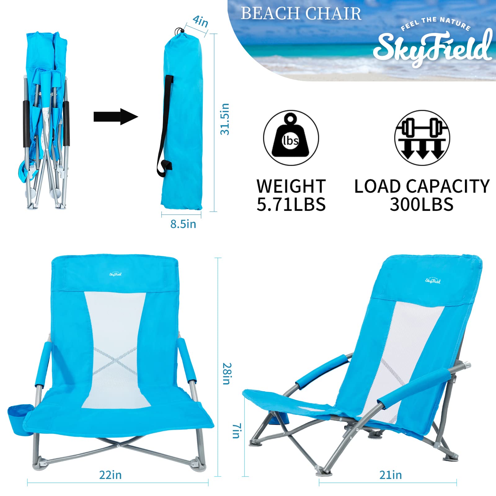 SKYFIELD 2 Pack Low Beach Chairs for Adults Ultralight Folding Chair Heavy Duty Beach Chair with Cupholder and Carry Bag