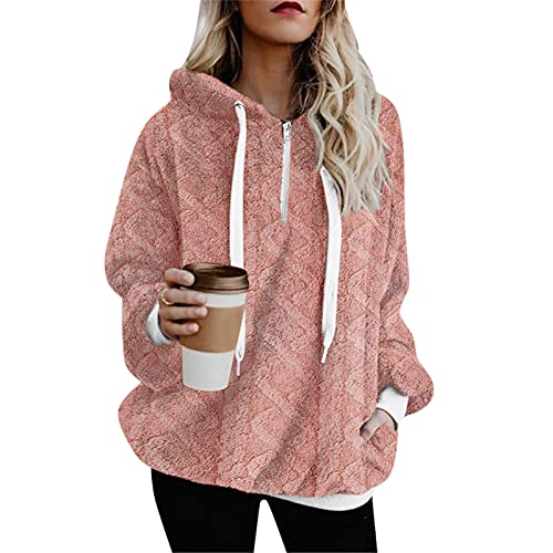 Women Sweatshirt Pocket Drawstring Long-Sleeves Zipper Hoodie Printed Top Open Cardigan Long Pink
