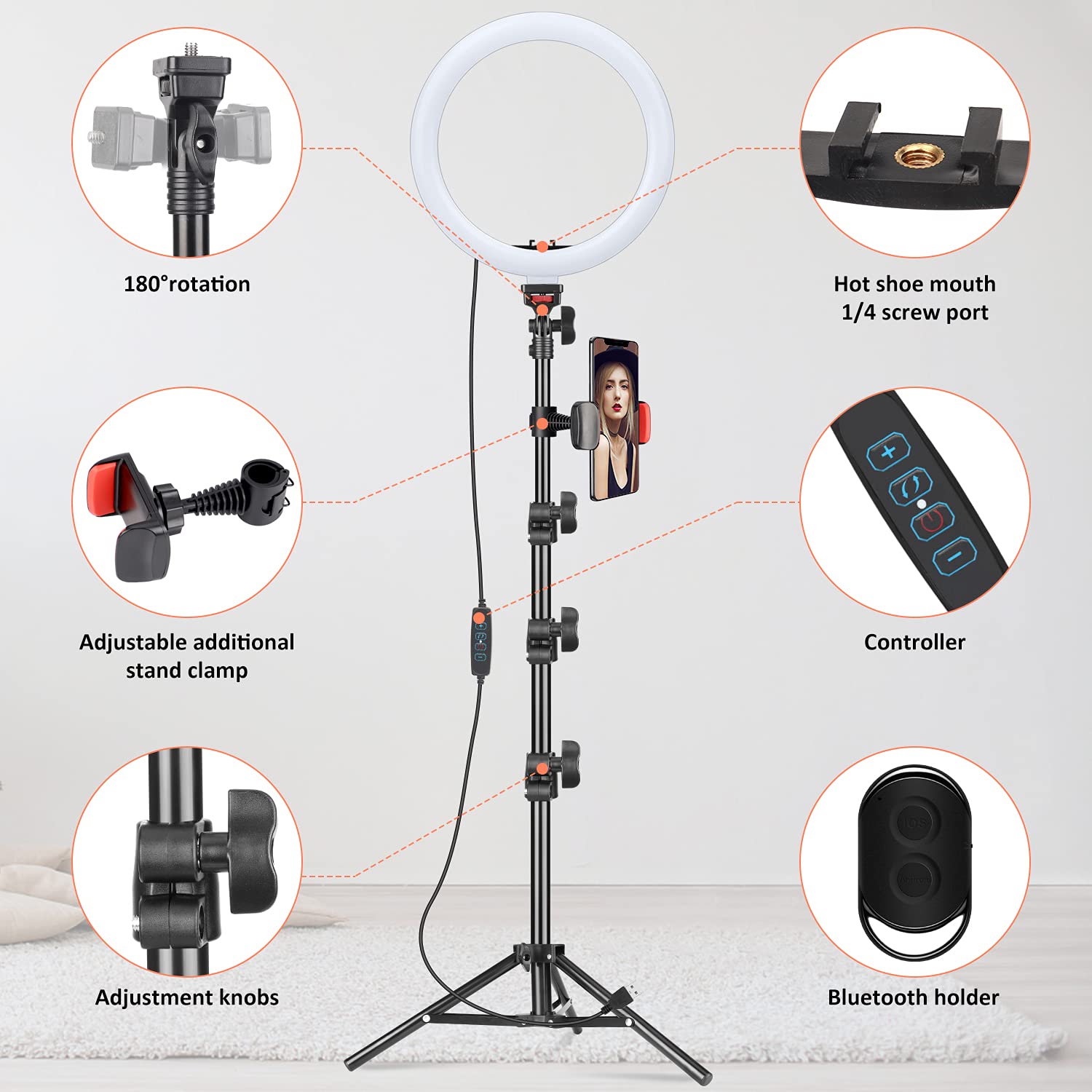 Selfie Ring Light with Tripod Stand & Phone Tripod Holder, 10.2 inch UEGOGO 3 Modes LED Ring Light & Selfie Stick for Makeup/Photography/Live Streaming/YouTube TikTok, Compatible with iPhone/Android