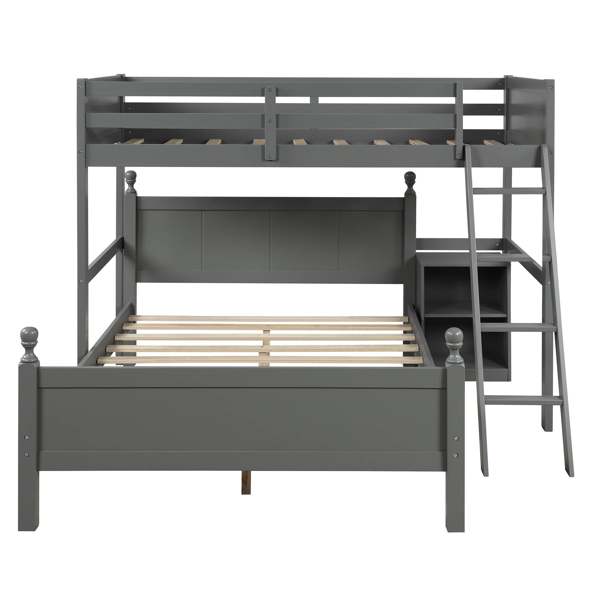 MERITLINE Twin Over Full Loft Bed for Kids, Wood Bunk Bed Twin Over Full with Night Stand L Shaped Twin Over Full Loft Bunk with Guardrail and Ladder