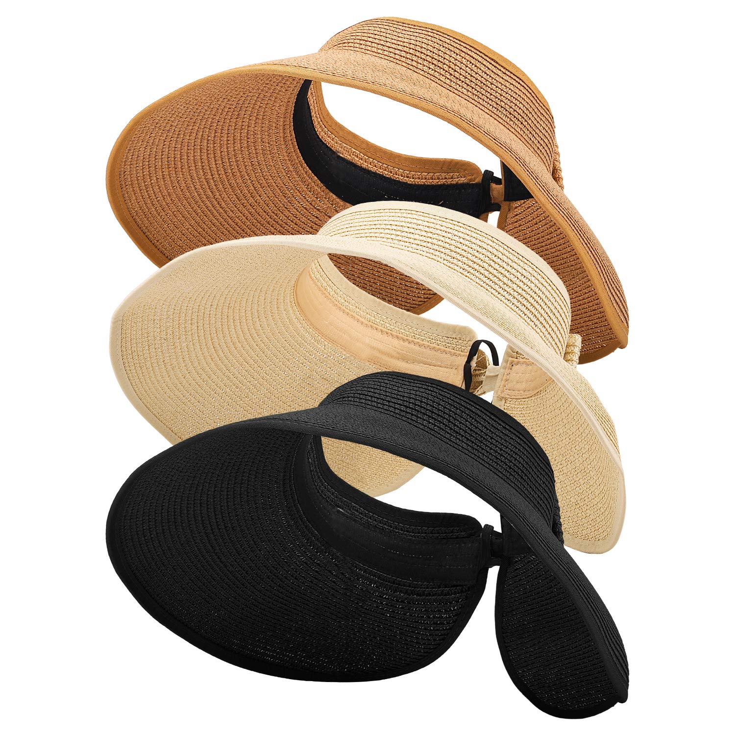 MEINICY 3PCS Foldable Straw Sun Visor Hats for Women, Wide Brim Ponytail Summer Beach Hat, Protect Your Skin Easily (Nature+Black+Beige 3PCS)…