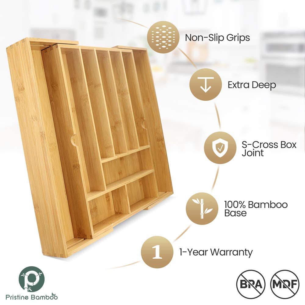 Pristine Bamboo Silverware Organizer– Utensil Organizer for Kitchen Drawers – Extra-Deep Wooden Kitchen Drawer Organizer (10 Slots, 5 Slots) Expandable and Fixed Organizers